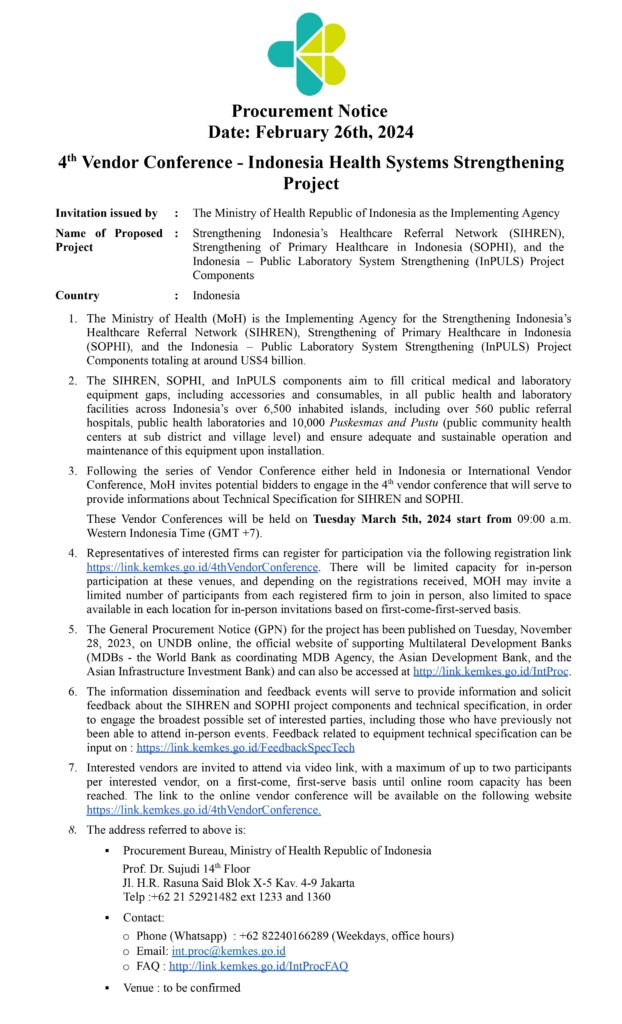 4th Vendor Conference – Indonesia Health Systems Strengthening Project ...