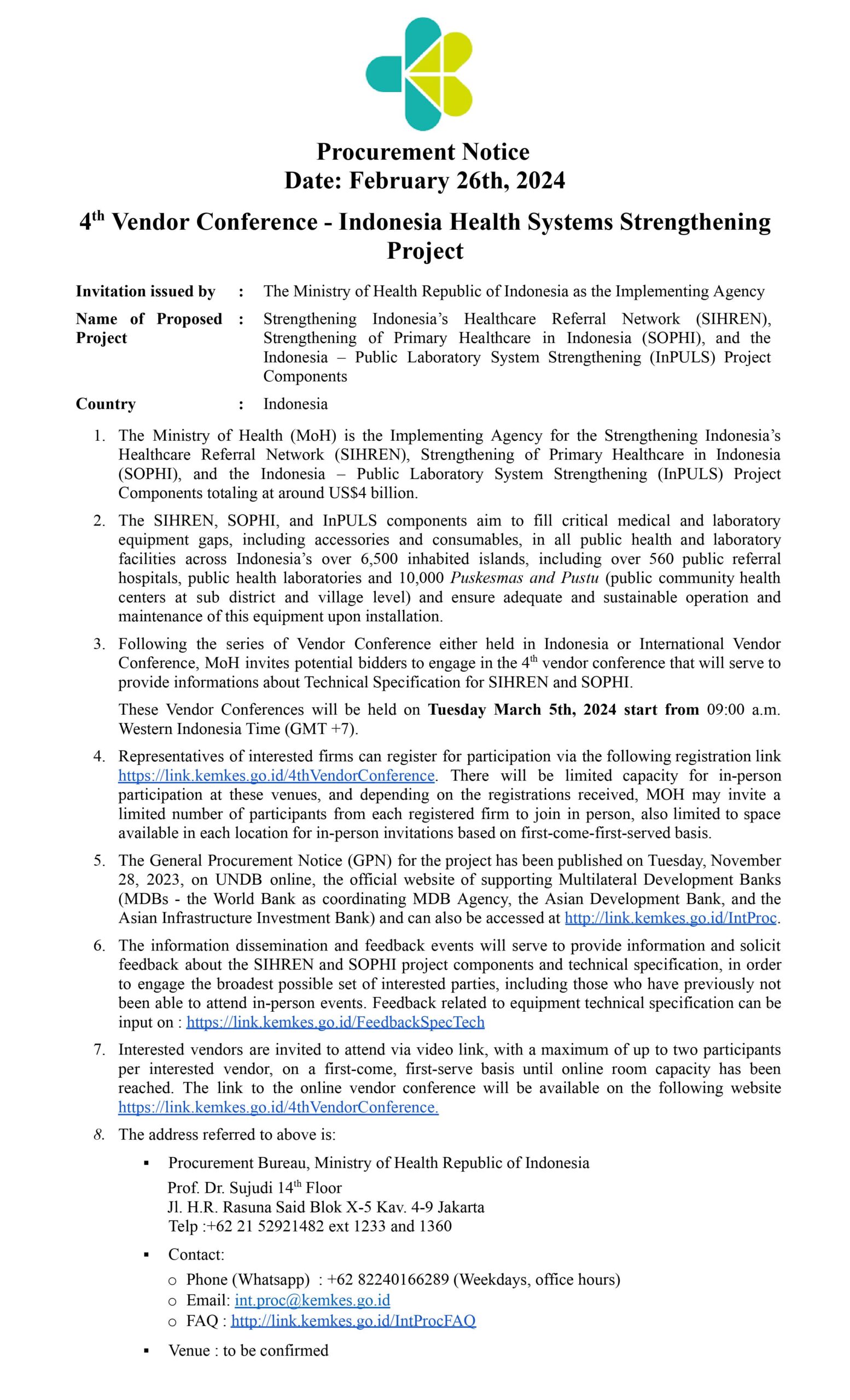 4th Vendor Conference – Indonesia Health Systems Strengthening Project ...